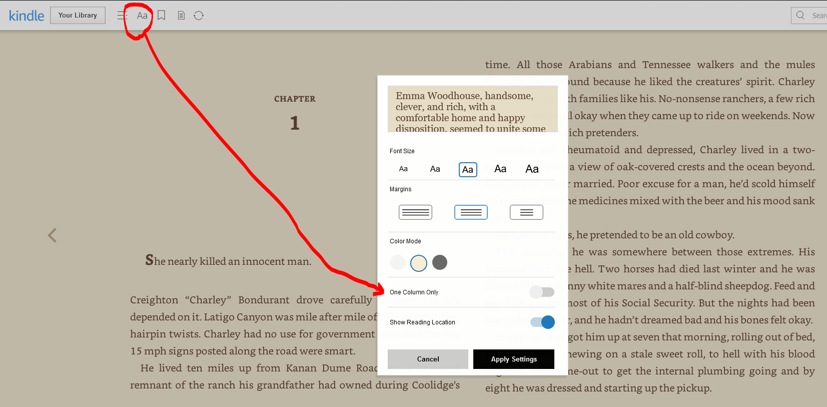 How do I view 2 columns again on laptop kindle books?