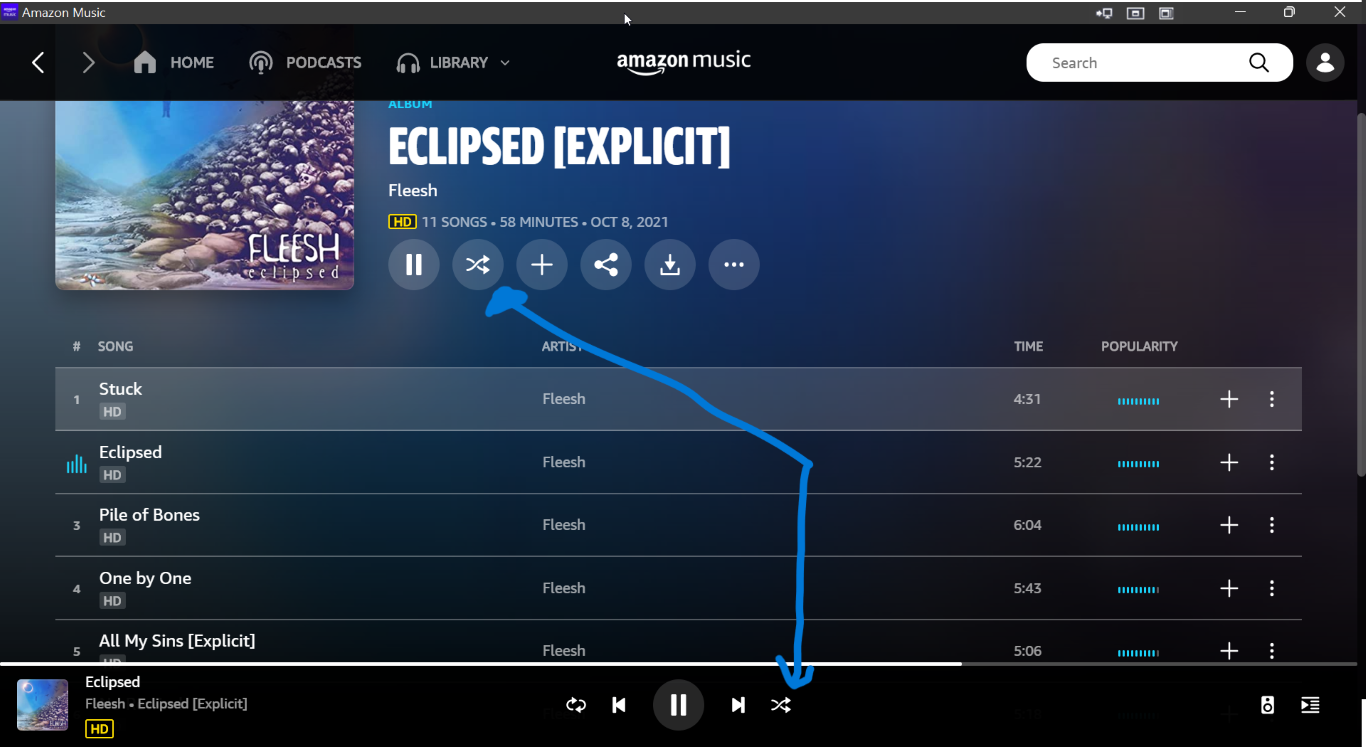 How do I get the desktop app out of shuffle mode?