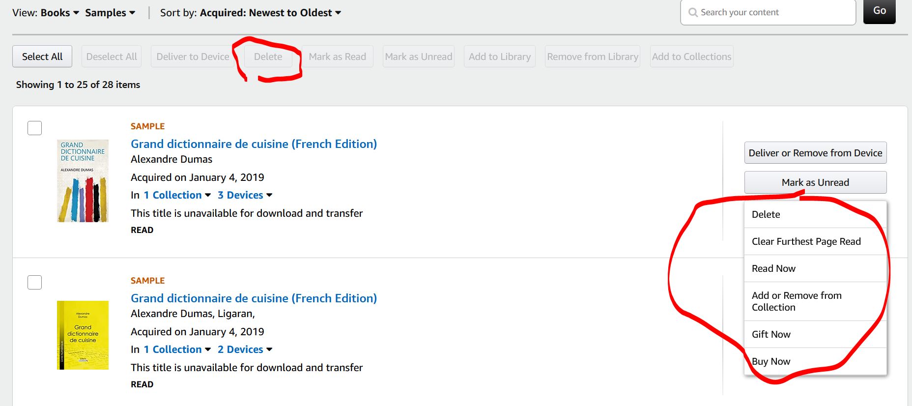 Why is a title purchased on Amazon unavailable for download and transfer?