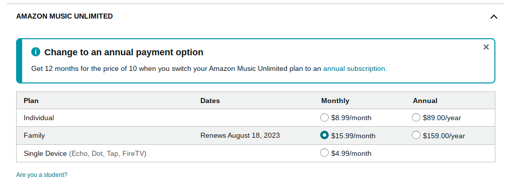 How to change from Monthly to annual payment for Amazon Music?