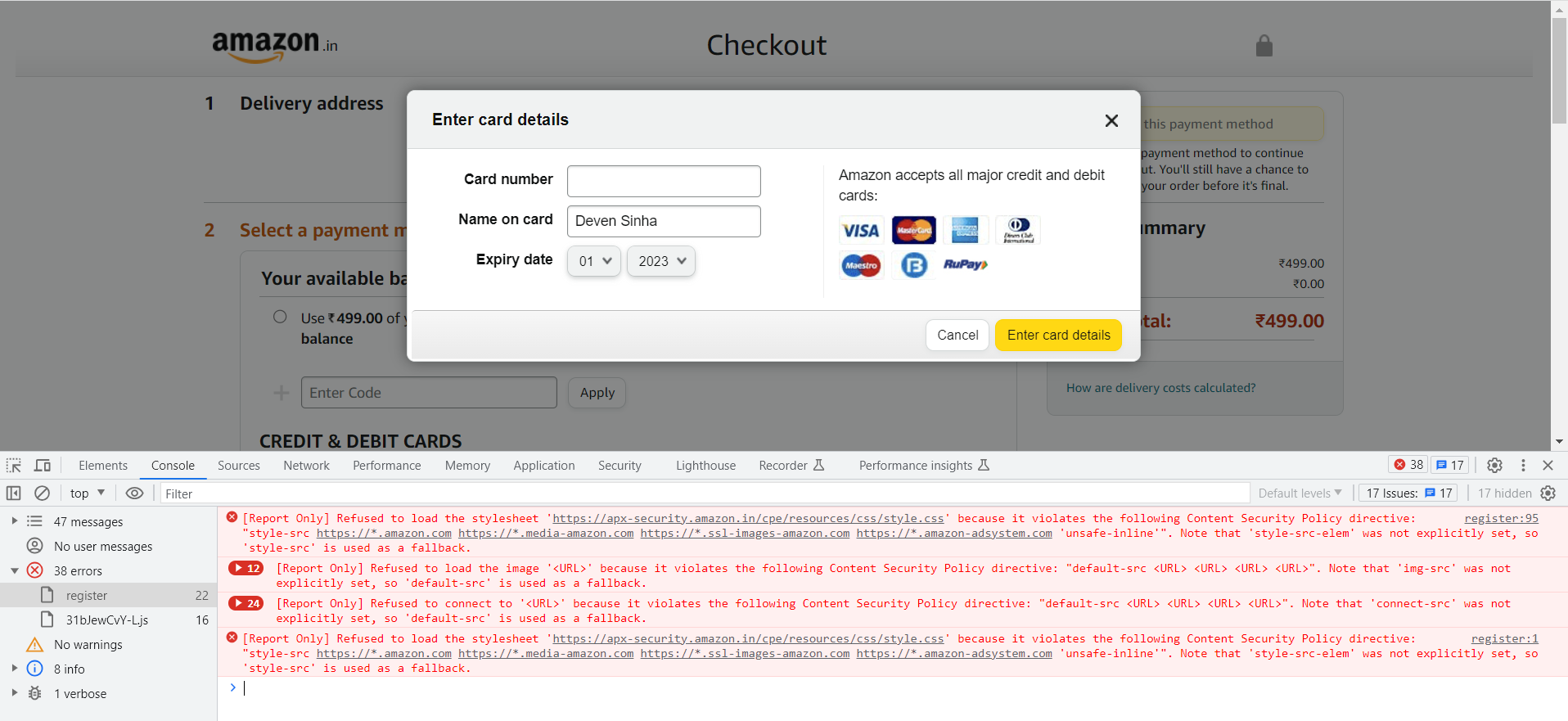 JavaScript errors on payment page while adding new card