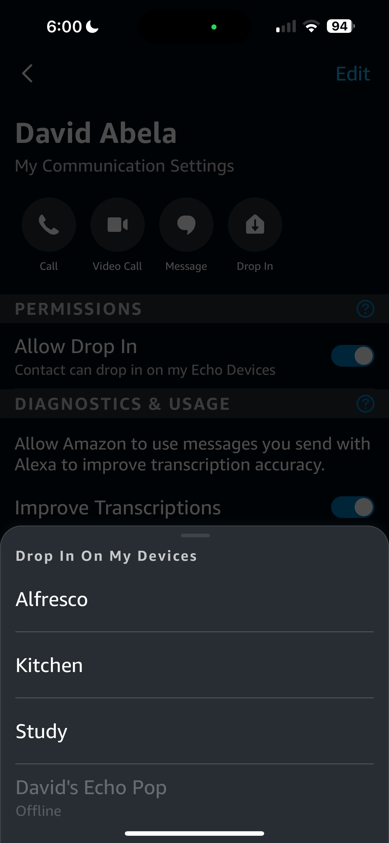 Drop in feature on multiple different echo devices in another house