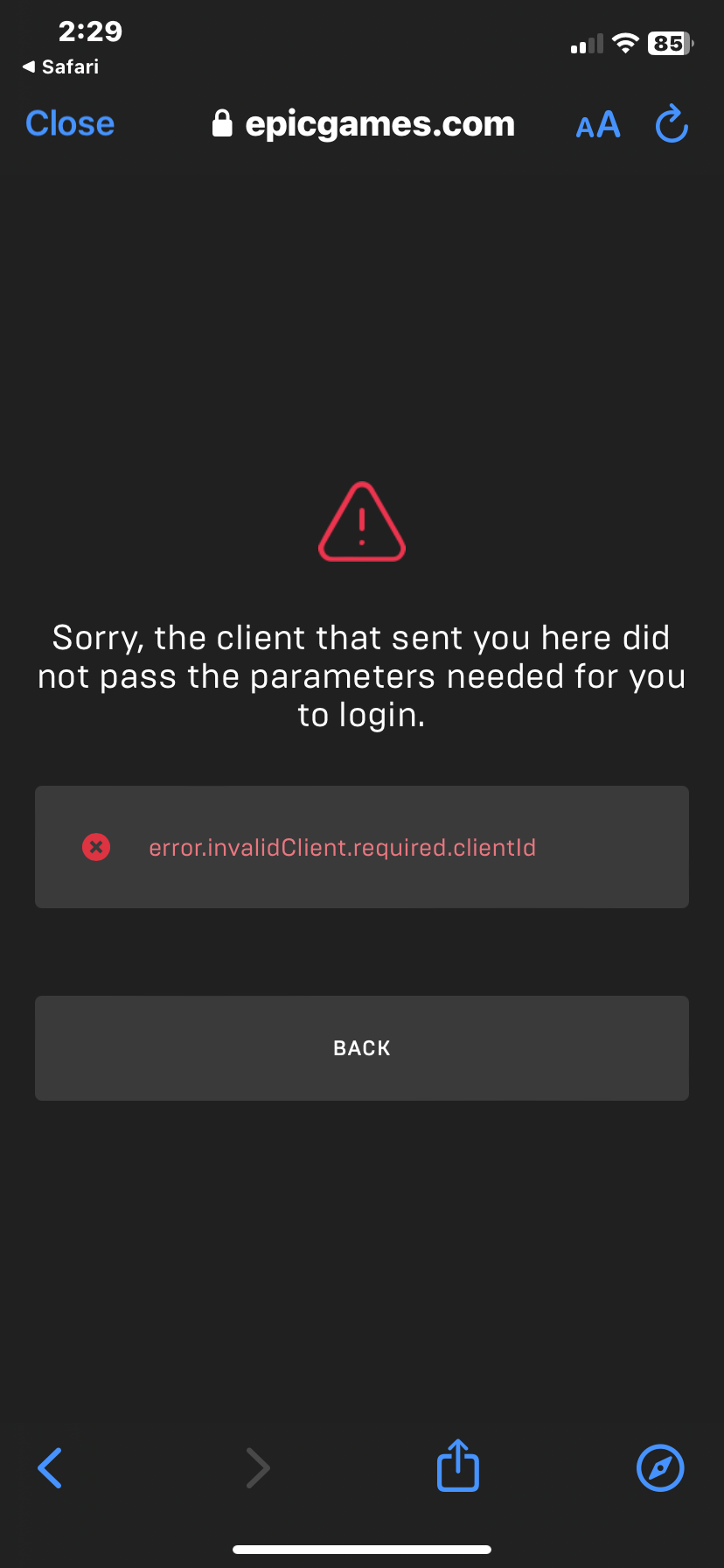 Error message trying to link Epic Games account Error message trying to link Epic Games account