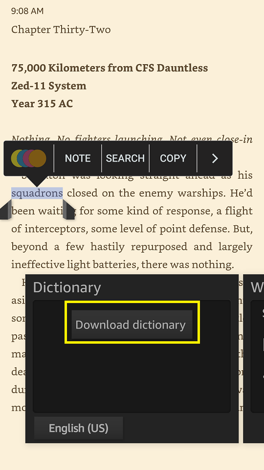 Why isn't the dictionary available on my Kindle also in the Android app?