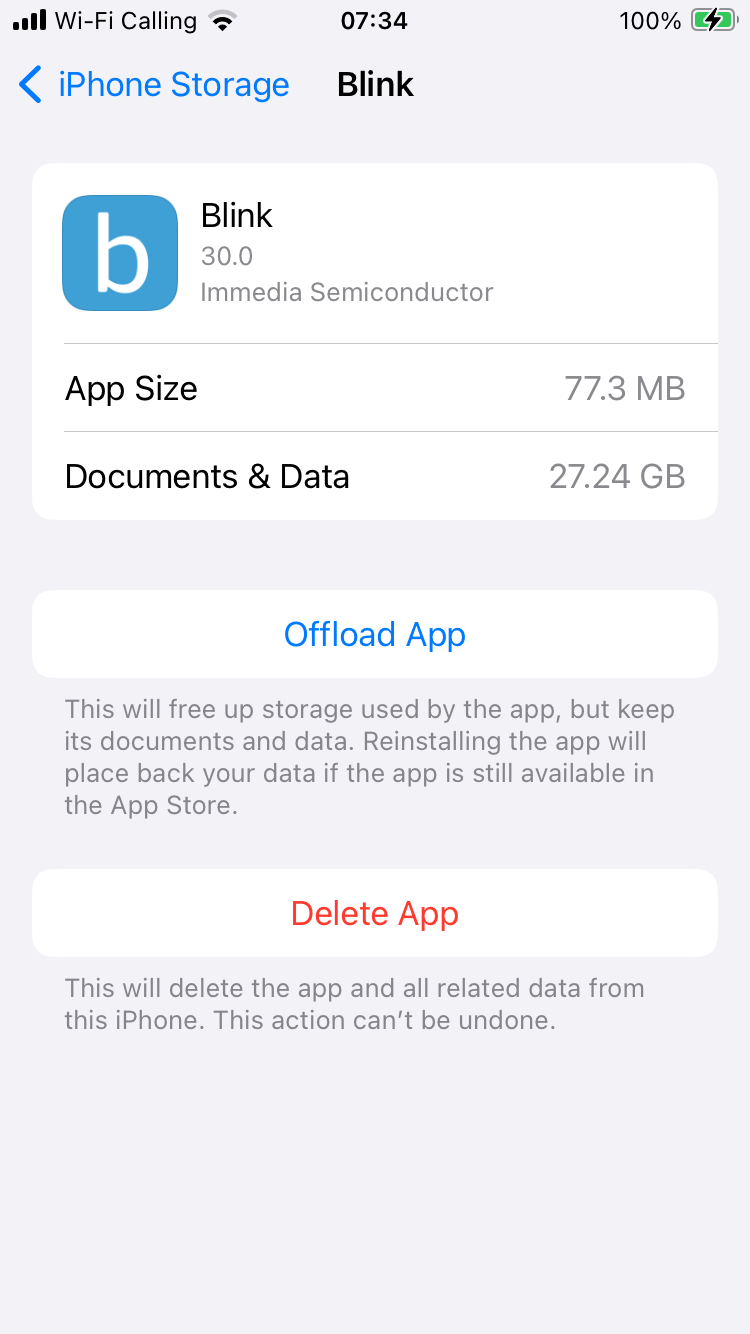 Blink app uses up all of iPhone's storage