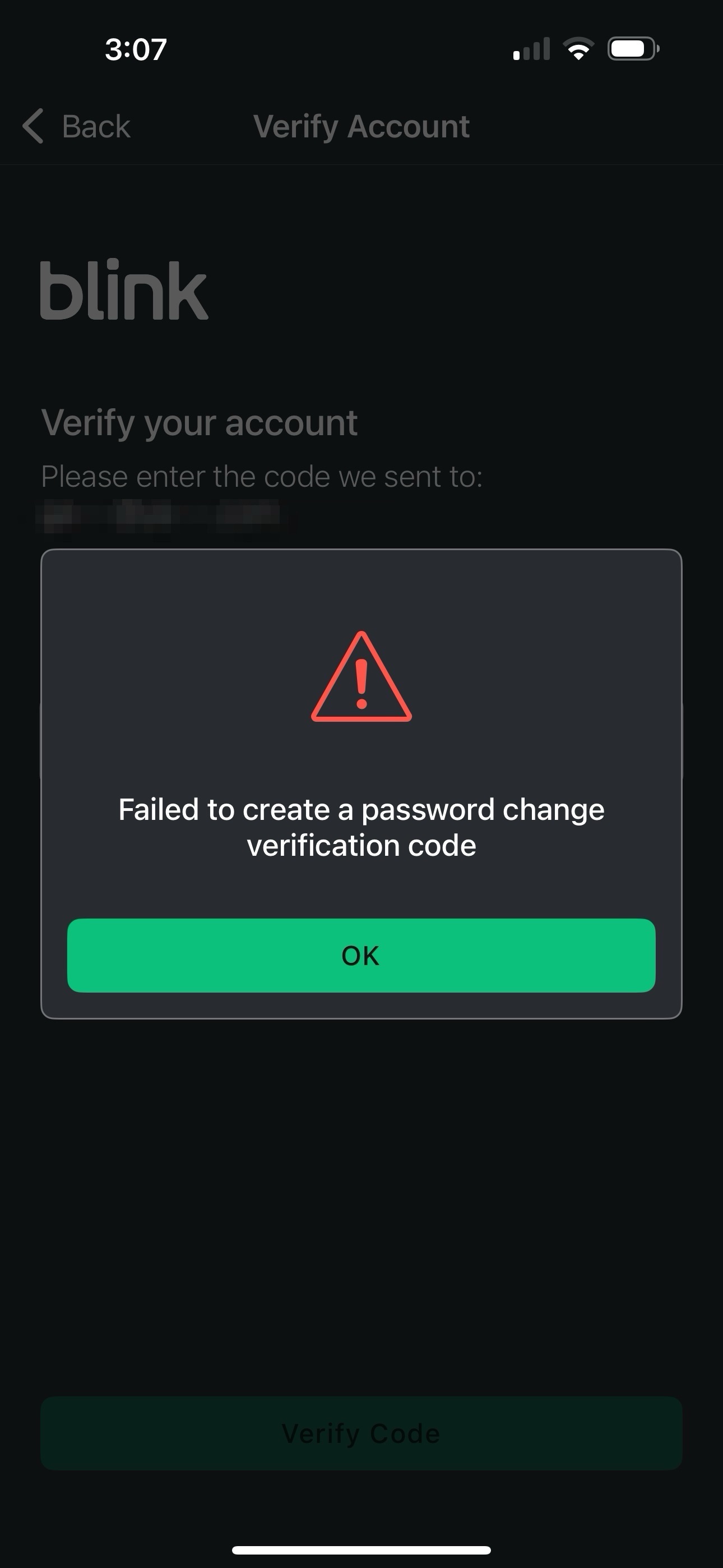 Blink app: “Failed to create password change verification code”